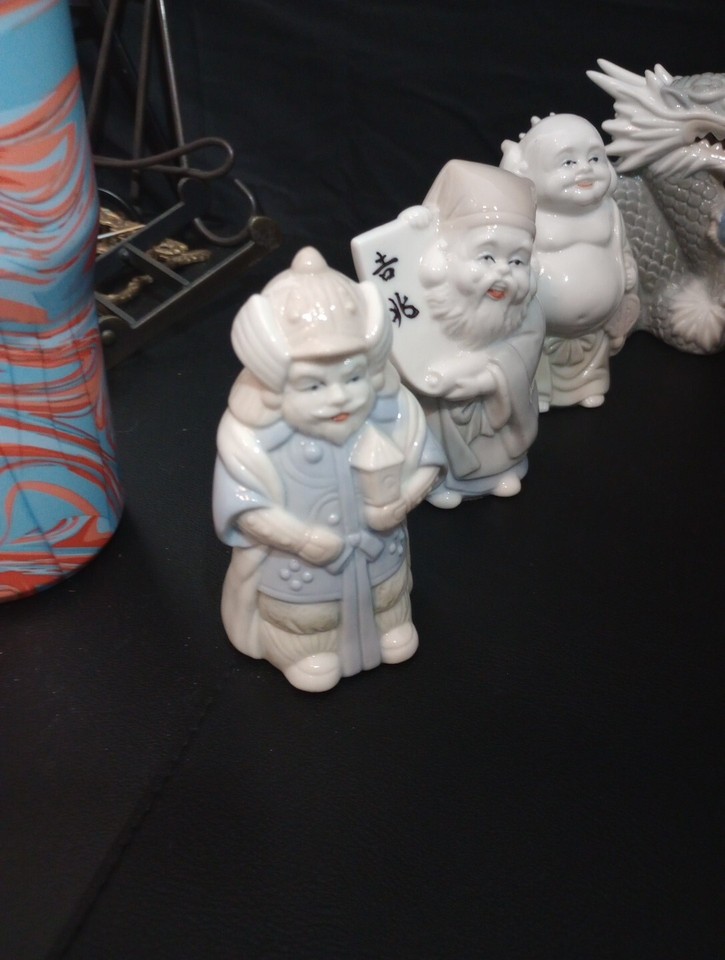 Pair of Yashimi K Porcelain Light Blue Dragon & 7 Lucky Gods Figurines ...