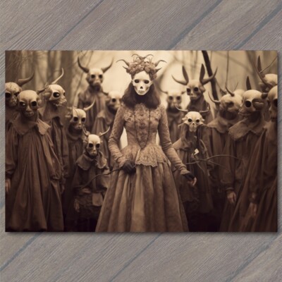 POSTCARD Weird Creepy Woman Mask Cult Horns Woods Halloween Unusual Strange | eBay