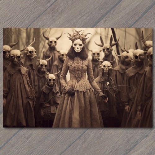 POSTCARD Weird Creepy Woman Mask Cult Horns Woods Halloween Unusual ...