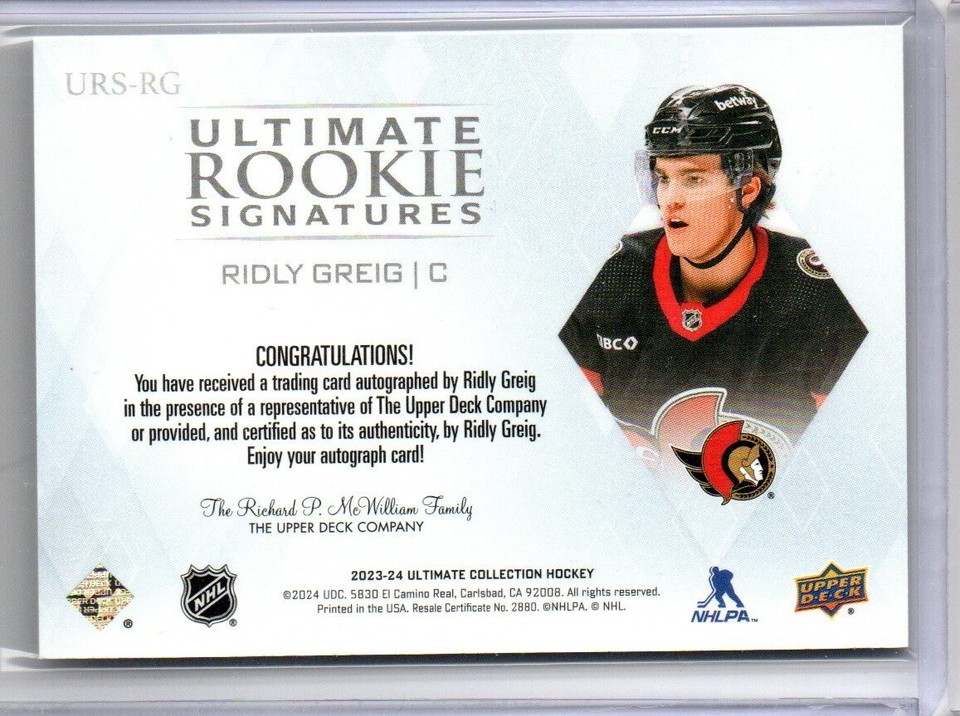 2023-24 Upper Deck Ultimate Ridly Greig Rookie Signatures #URS-RG ...