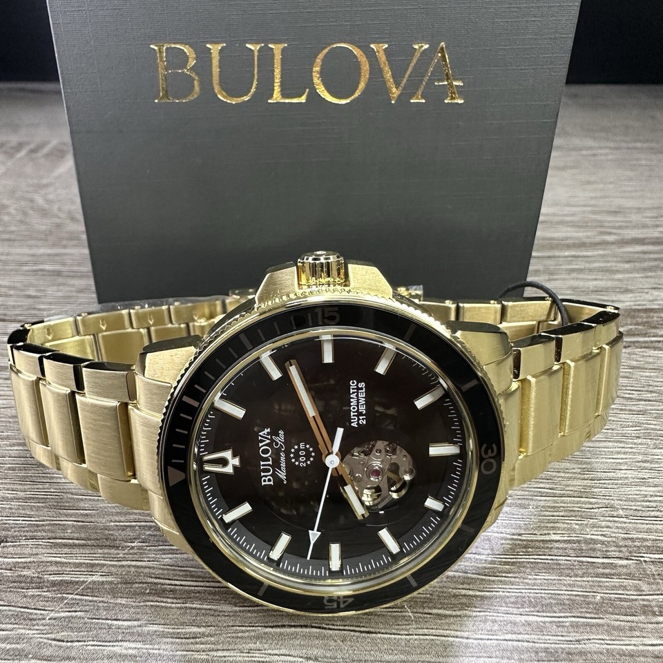 NEW AUTOMATIC Bulova Marine Star Gold Tone Black Dial Skeleton Men ...