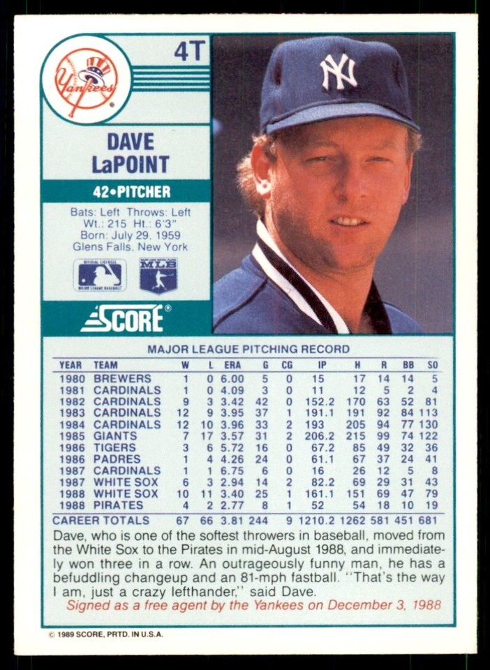 1989 Score Rookie & Traded- Dave LaPoint New York Yankees #4T | eBay