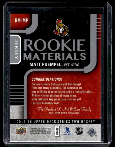 2015-16 Upper Deck Rookie Materials Matt Puempel Jersey Ottawa Senators ...