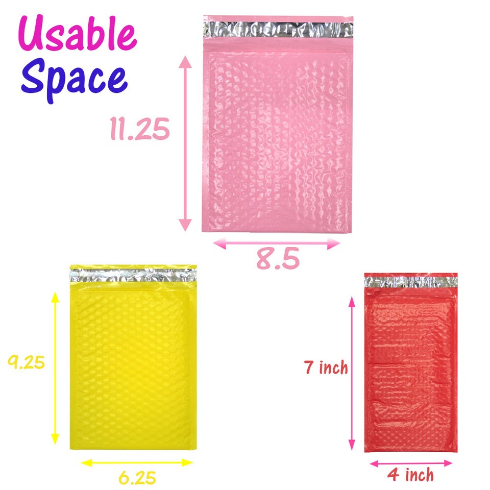 All 3 Sizes! Assorted 8.5x12, 6x9, & 4x8 Colored Poly Bubble Padded ...