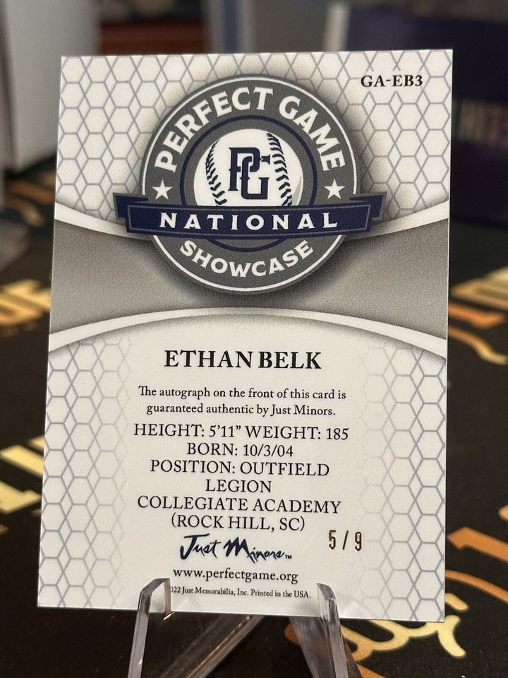 2022 LEAF PERFECT GAME NATIONAL SHOWCASE ETHAN BELK /9 ORANGE AUTO SSP ...
