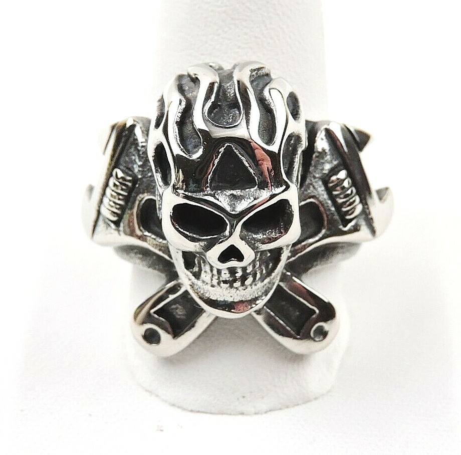 Stainless Steel Flaming Skull And Wrenches Ring - Free Gift Packaging ...