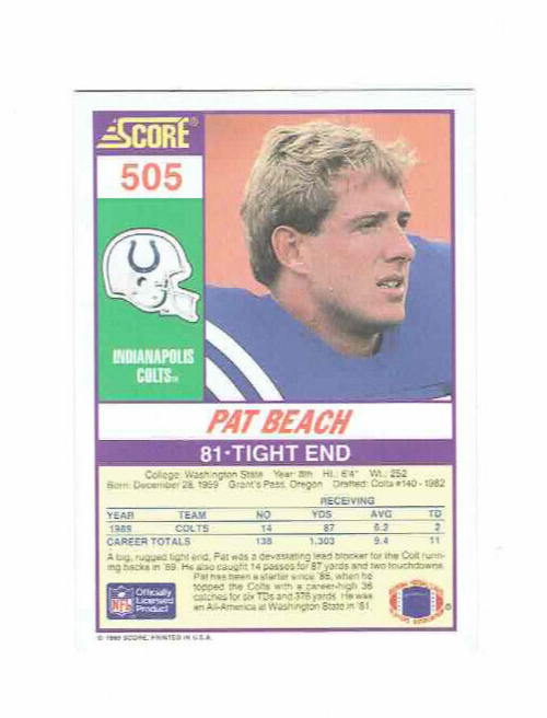 Pat Beach Indianopolis Colts #81 Tight End #505 Score 1990 Football ...