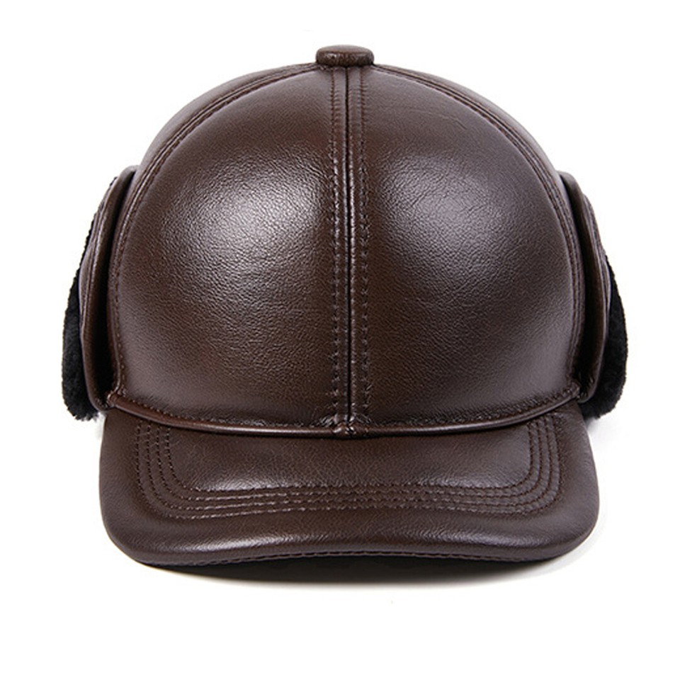 100% Genuine Leather Bomber Trapper Baseball Cap Ushanka Hunting Ear ...