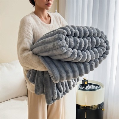 Large Ribbed Faux Fur Warm Fleece Throw Over Soft Sofa Bed Blanket ...