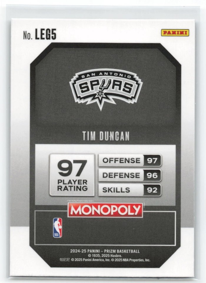 2024-25 Panini Prizm Monopoly Tim Duncan Legends #LEG5 San Antonio ...