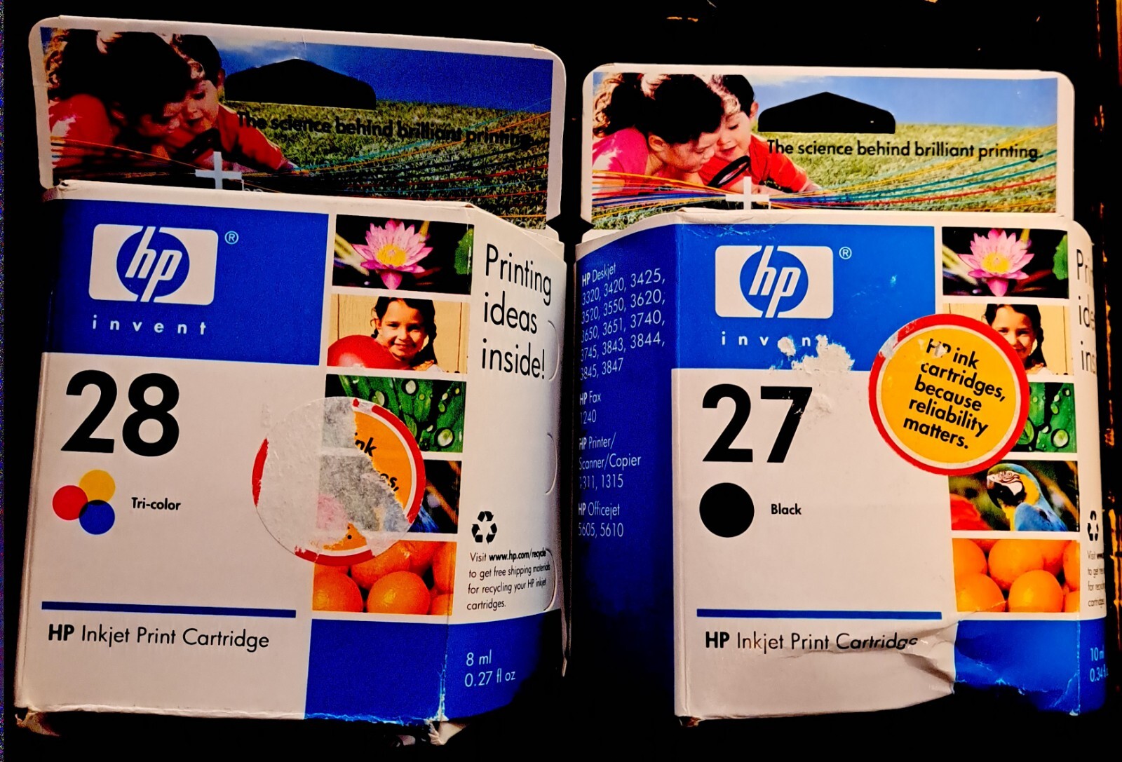 HP 27 BLACK AND HP 28 Tri-Color INK CARTRIDGES EXPIRED 2007 New Sealed ...