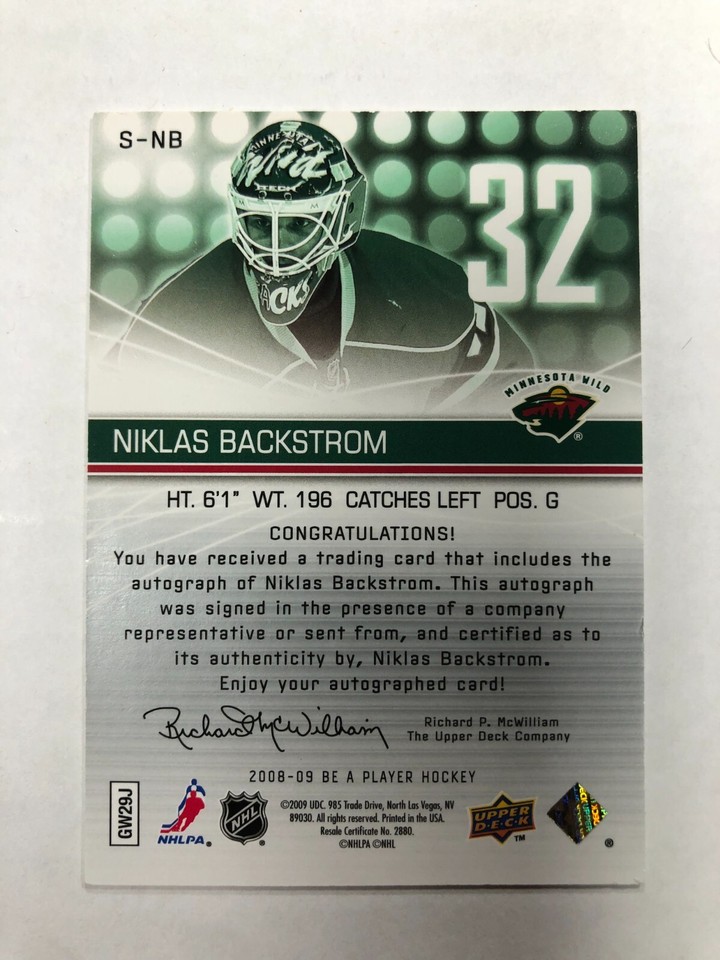 NIKLAS BACKSTROM 2008 09 BE A PLAYER SIGNATURES AUTOGRAPH CARD S-NB ...
