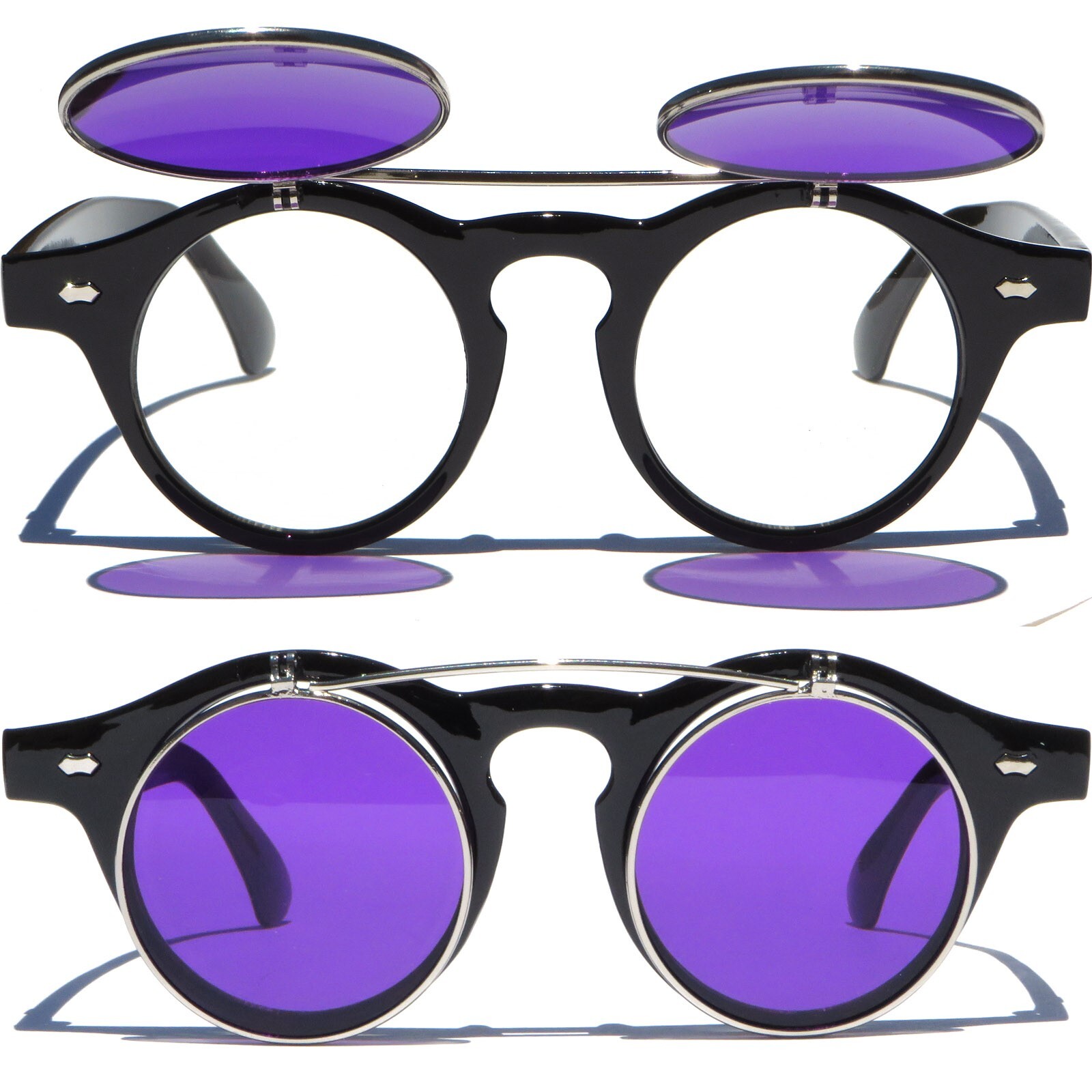 Flip Up Round Steampunk Retro Vintage Style Sunglasses Tinted and Clear ...