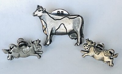Vtg Cows Brooch Pin & JJ Earrings Silver tone Pewter Metal | eBay