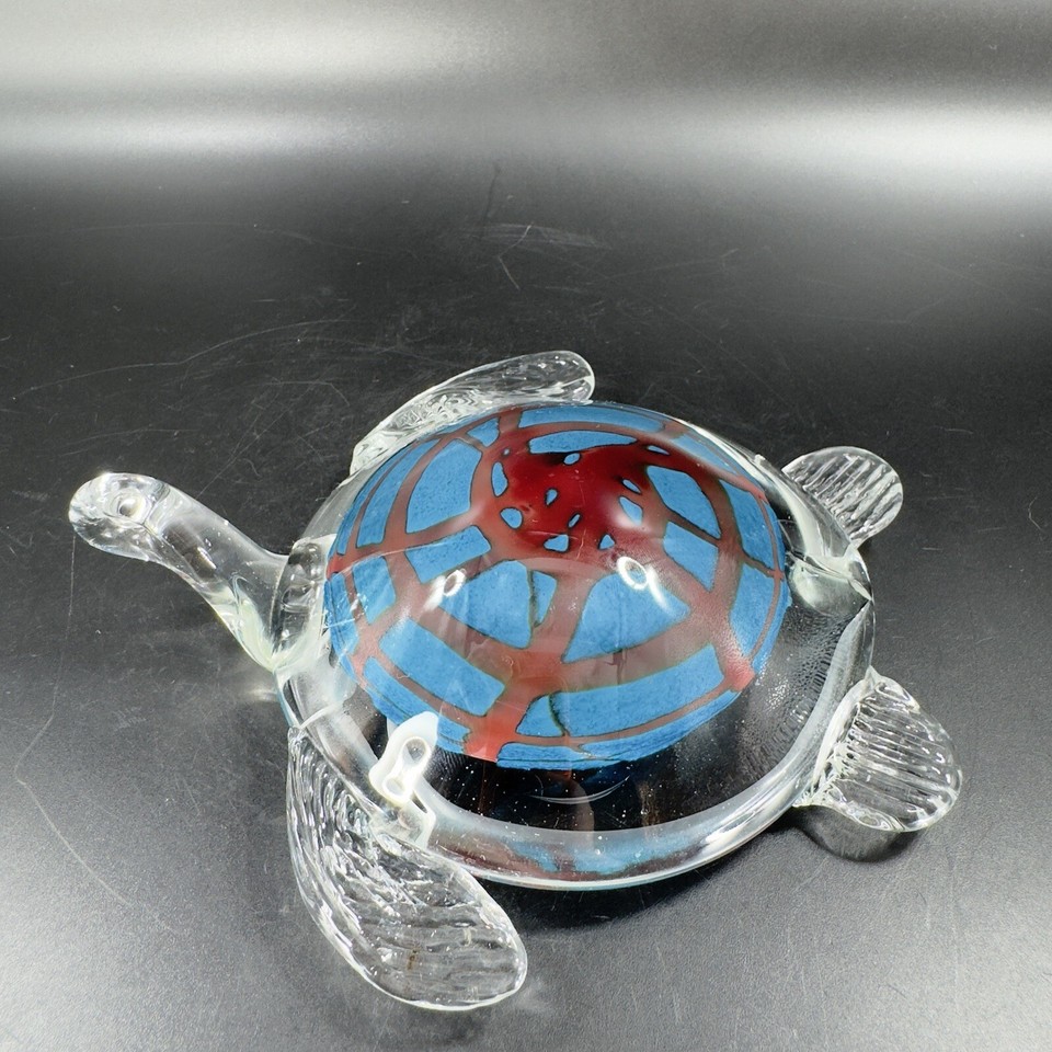 Art Glass Turtle Glass Paperweight Figurine Clear Edges Blue Red Center ...