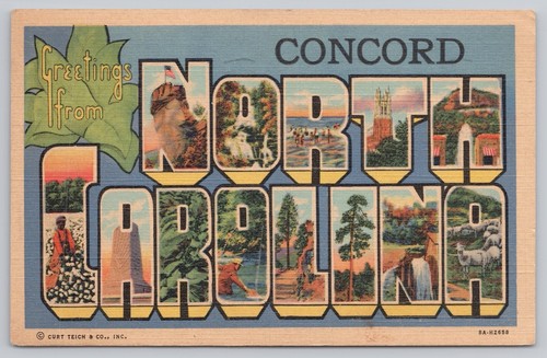 Greetings Concord North Carolina NC Large Letter Linen Postcard Vtg ...