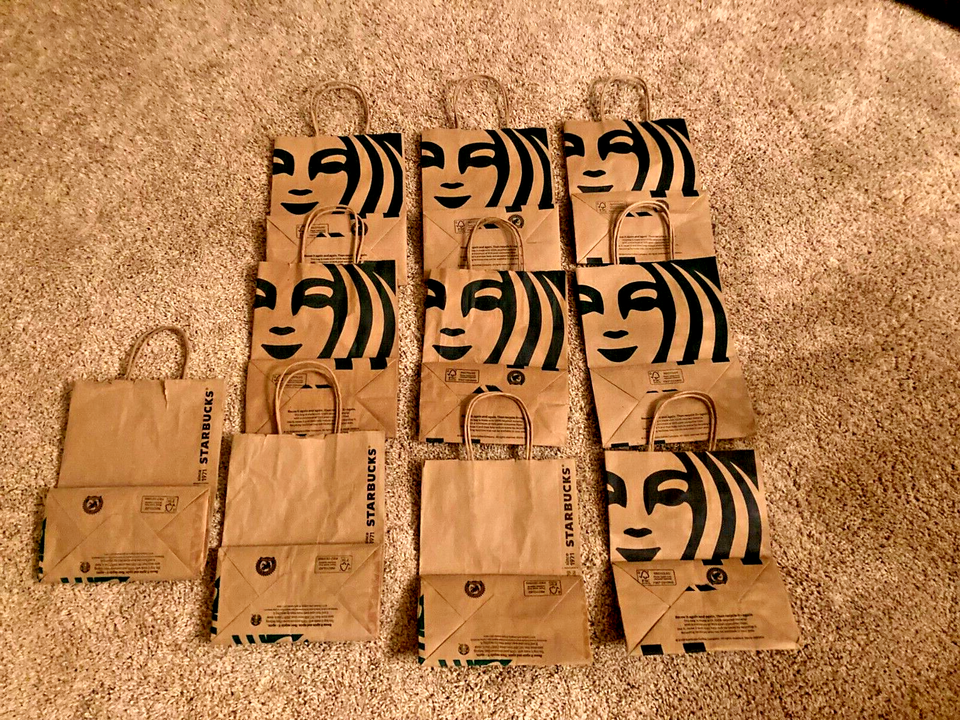 Starbucks 10 x Reusable Recycled Brown Paper Shopping Lunch Gift Bags w ...