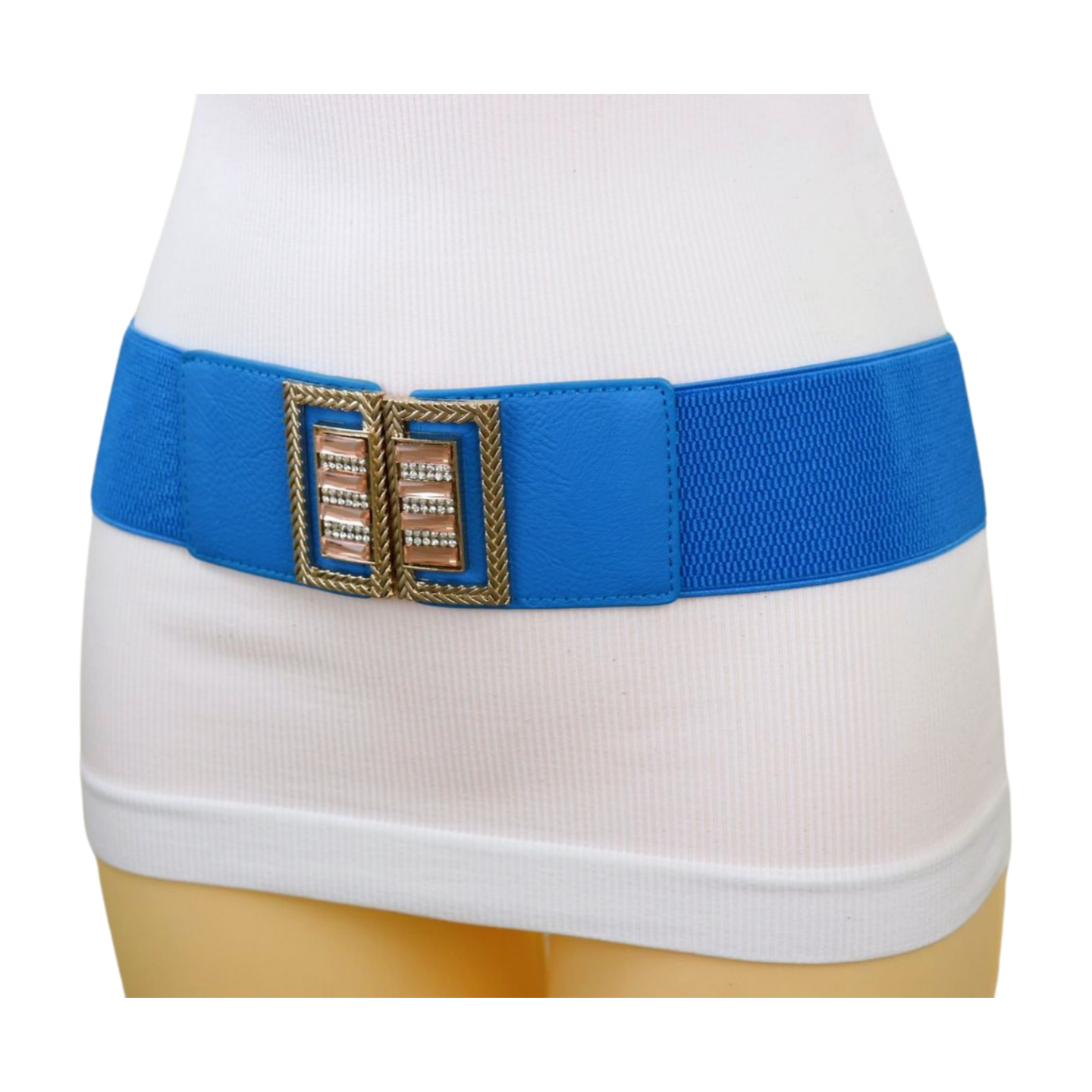 Women Blue Wide Elastic Waistband Fashion Belt Gold Bling Square Buckle ...