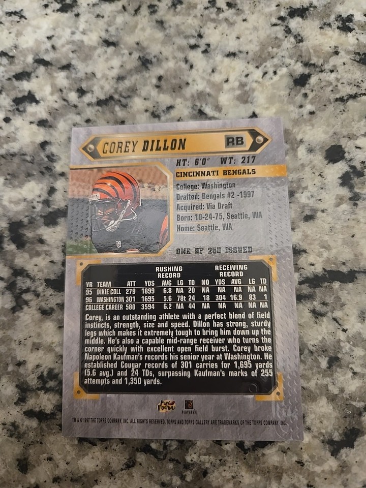 Corey Dillon 1997 Topps Gallery Players Private Issue #24 RC # /250 ...