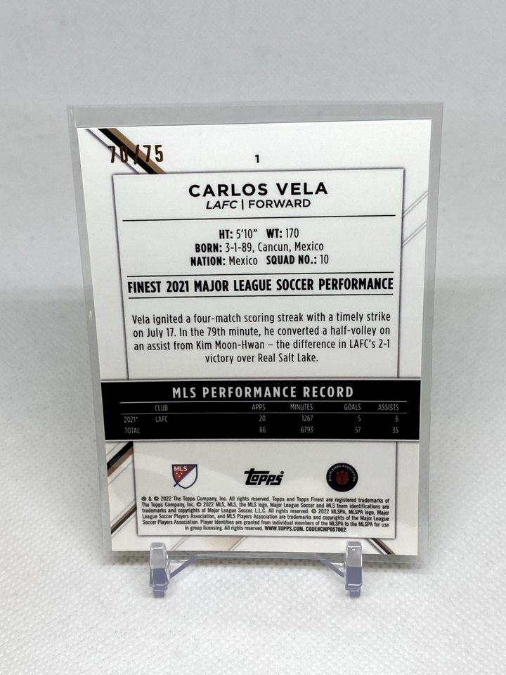 2022 Topps Finest MLS Soccer Carlos Vela #1 Aqua Refractor Parallel 70/ ...