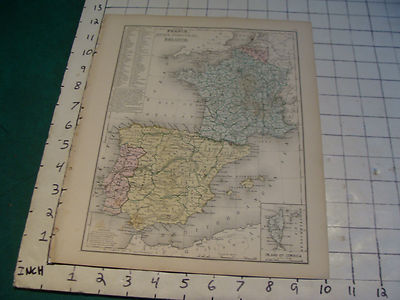 Vintage Original 1866 Mitchell Map: FRANCE SPAIN BELGIUM # 33 aprox 10 ...