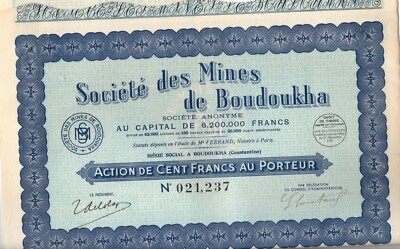 Action Société des mines de BOUDOUKHA, 100 frs, 1937 | eBay
