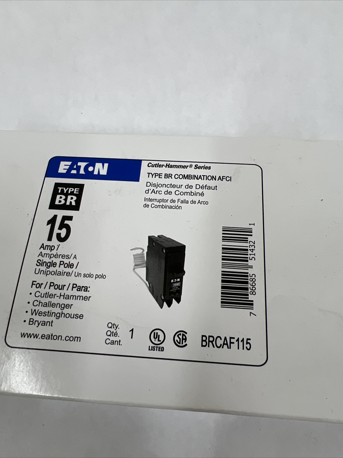 Eaton BRCAF115 15 Amp Single-Pole Combination Arc Fault Circuit Breaker ...