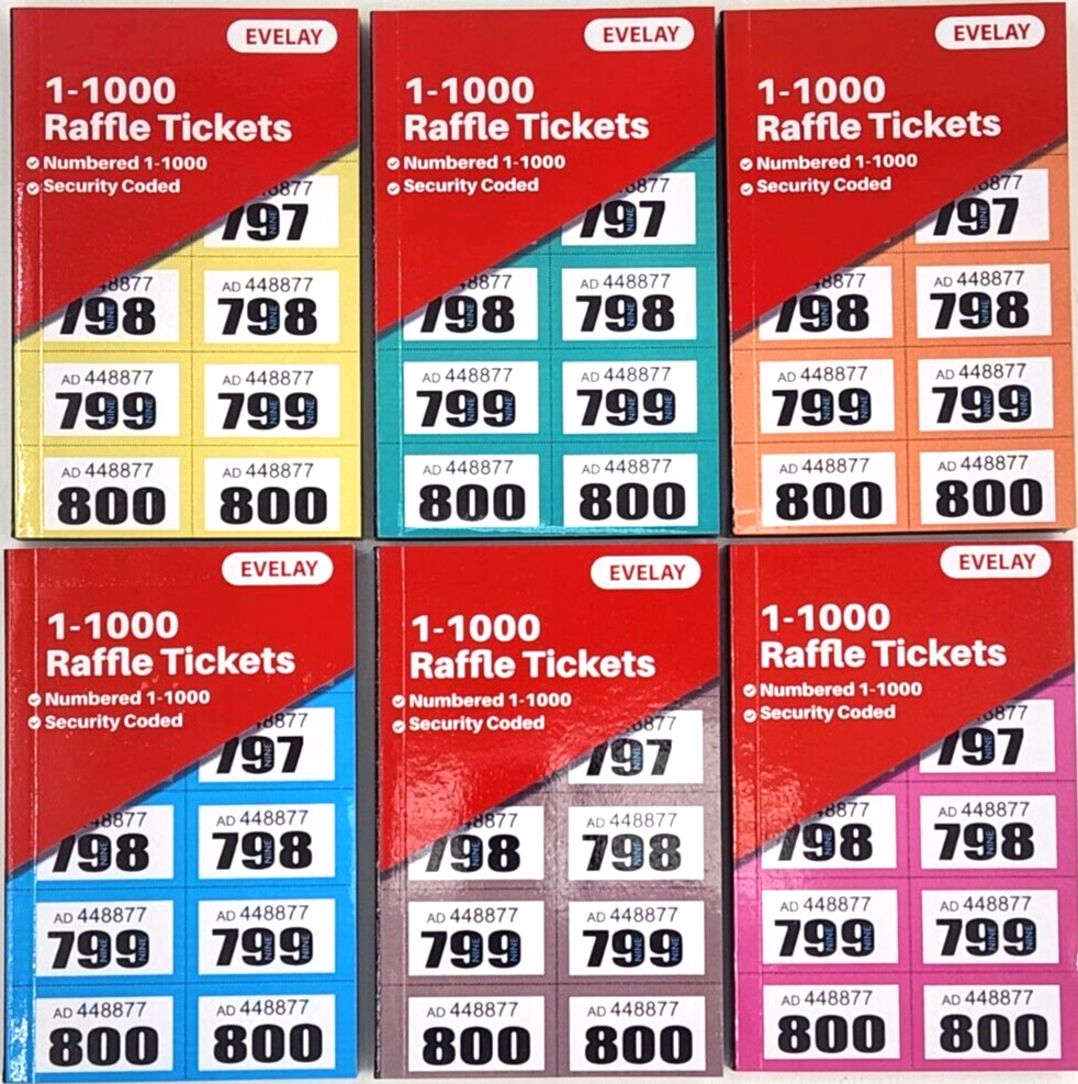 6 Books of 1-1000 Cloakroom Raffle Tombola Draw Tickets Numbered Mixed ...