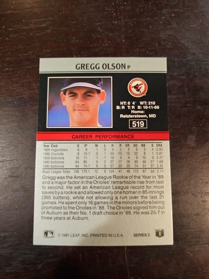 1991 Leaf - #519 Gregg Olson Baltimore Orioles Pitcher | eBay