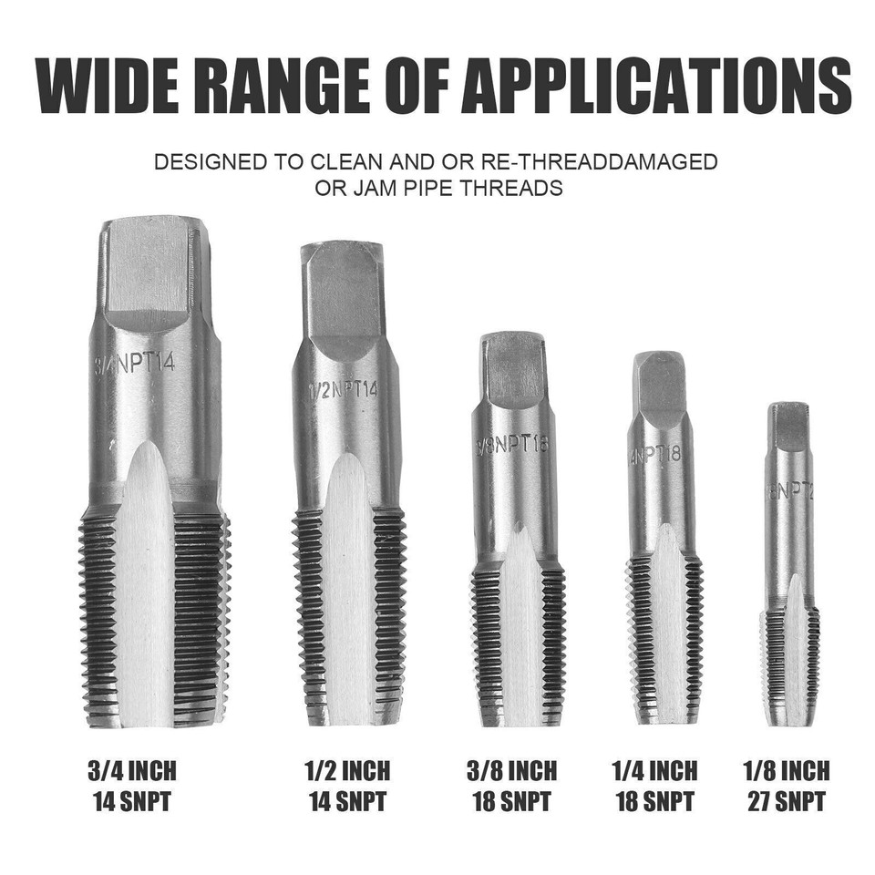 5Piece NPT Pipe Tap Set 1/8" 1/4" 3/8" 1/2" and 3/4" With Case Carbon ...