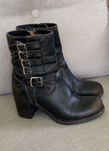 Frye Black Brown Toned Leather Kelly Belted Short Harness Boot Womens ...