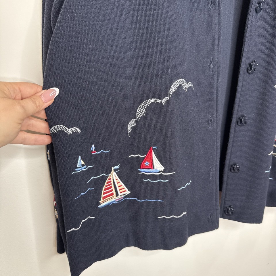 Vintage 80s 90s Nautical Sweater Cardigan XL Lighthouse Sailing Coastal ...