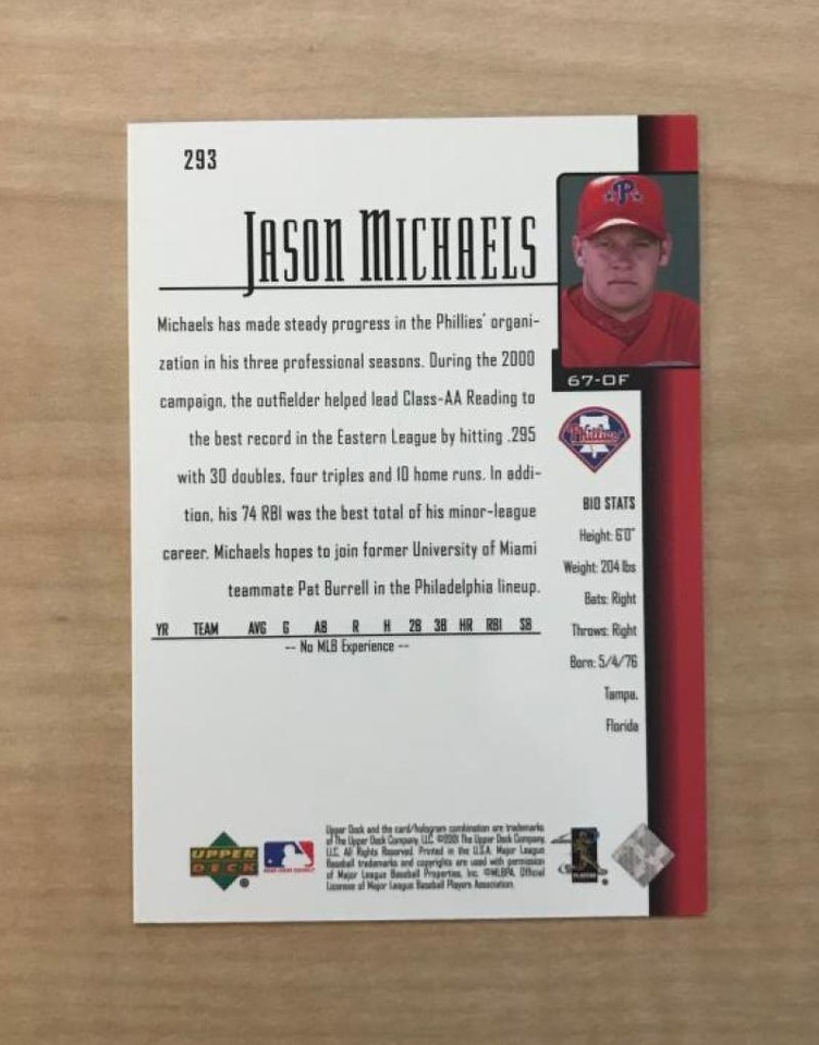 JASON MICHAELS PHILADELPHIA PHILLIES SIGNED 2001 UPPER DECK CARD #293 W ...