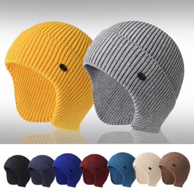 Mens Winter Warm Russian Knitted Beanie Hat with Earflaps Ski Skull Cap ...