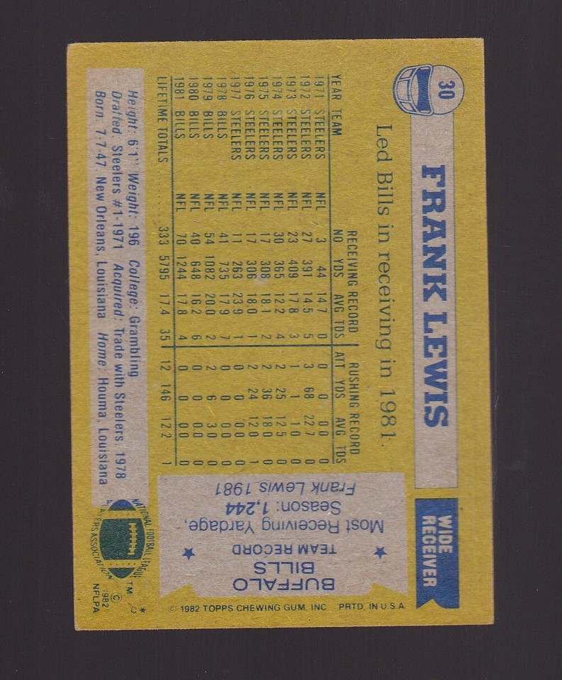 1982 Topps All Pro Frank Lewis #30 Buffalo Bills | eBay