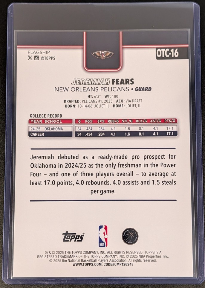 2025 Topps Basketball Jeremiah Fears Oversized Jumbo Rookie RC #OTC-16 ...