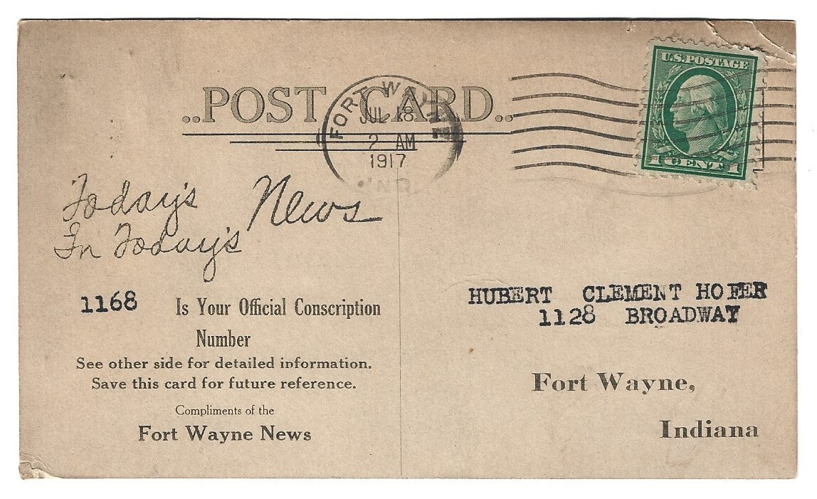 FORT WAYNE IN Post Card OFFICIAL CONSCRIPTION NUMBER Drawing INDIANA ...