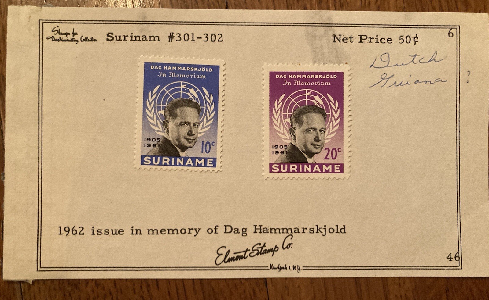 Pair of 1961 Suriname stamps in memory of Dag Hammarskjöld (on paper ...