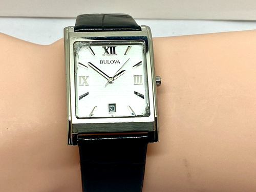 Bulova 96B107 Men's Watch Quartz Black Leather Strap Broken Crystal FOR ...