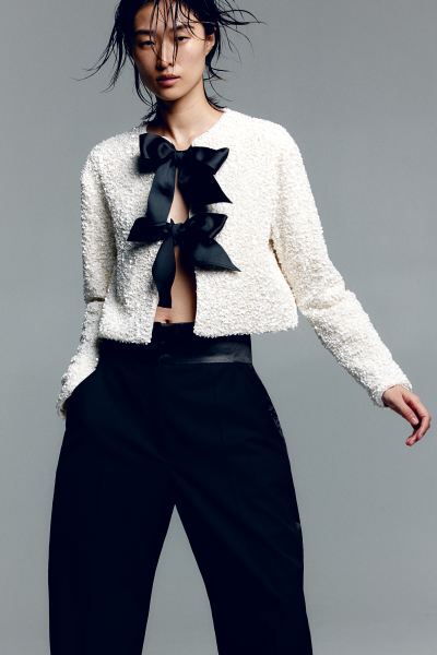 NWT H&M Tie-front Bow Sequined Ribbon Jacket Holiday '23 White/Black Sz ...