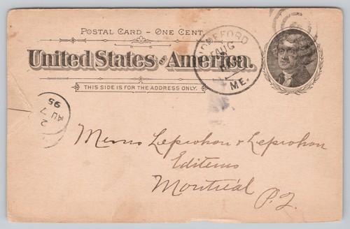 1895 United States Of America Jefferson Postal Card Postcard One Cent ...