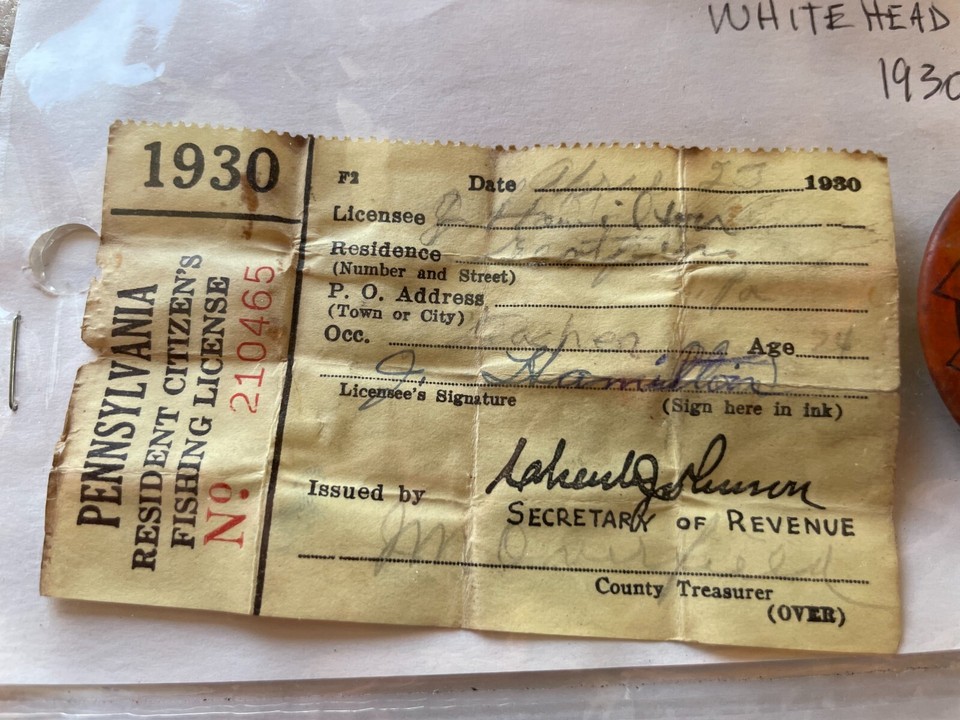 1930 Pa Pennsylvania Resident Citizen's Fishing License with Original ...