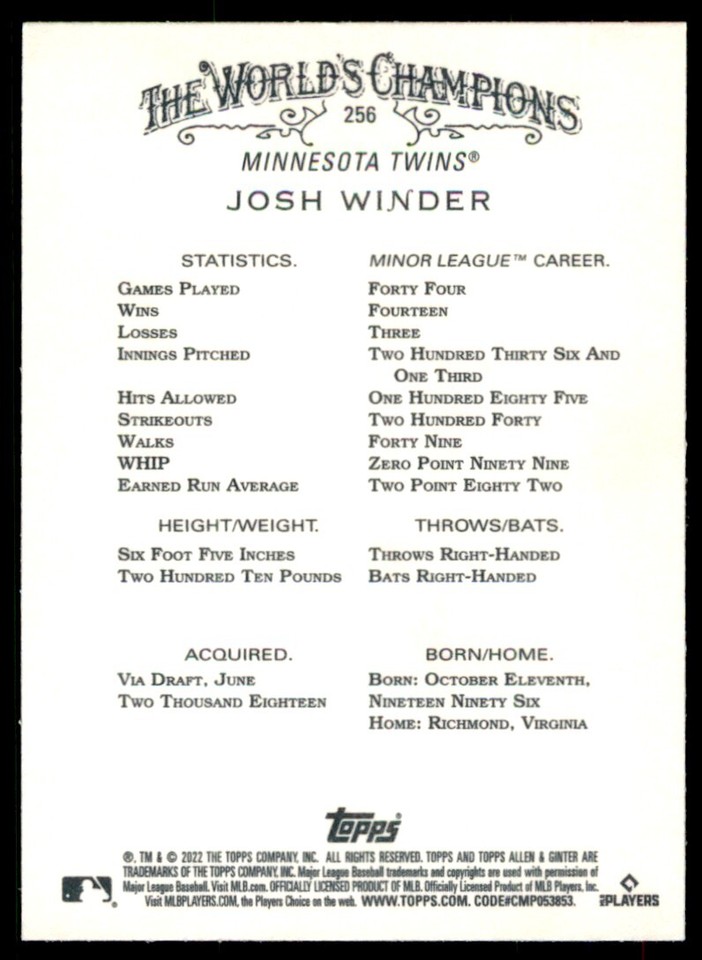 Josh Winder 2022 Topps Allen & Ginter Rookie RC Card #256 Minnesota ...