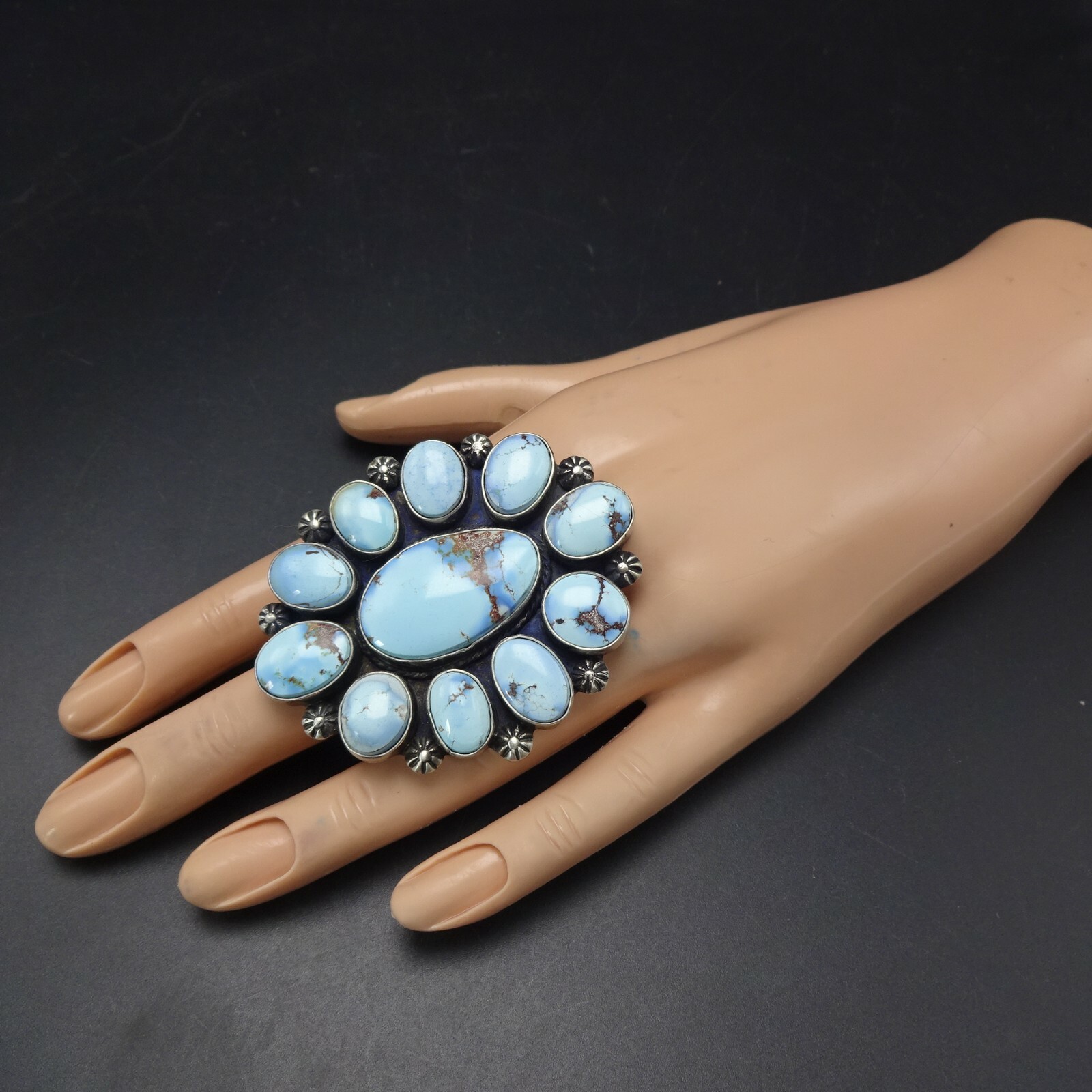 Huge BEA TOM Navajo Sterling Silver GOLDEN HILLS TURQUOISE Cluster RING ...