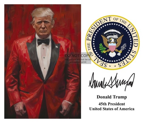 PRESIDENT DONALD TRUMP IN RED SUIT PRESIDENTIAL SEAL AUTOGRAPHED 8X10 ...