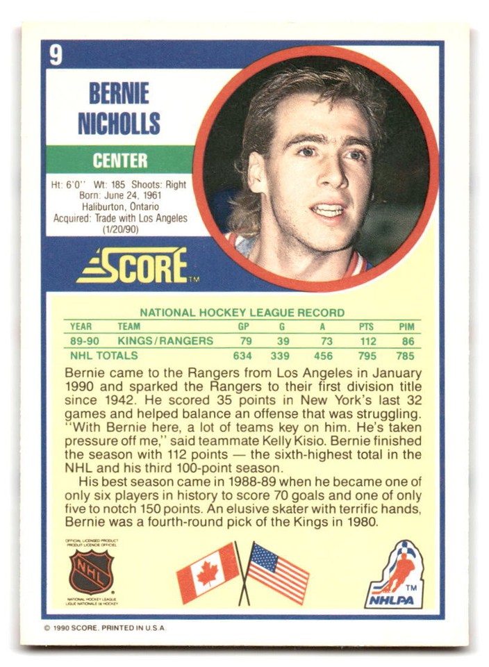 Bernie Nicholls 1990 Score American HOCKEY #9 New York Rangers | eBay