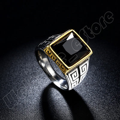 Men's Greek Key Ring 18KGP Gold Frame Black Cubic Zirconia Titanium ...
