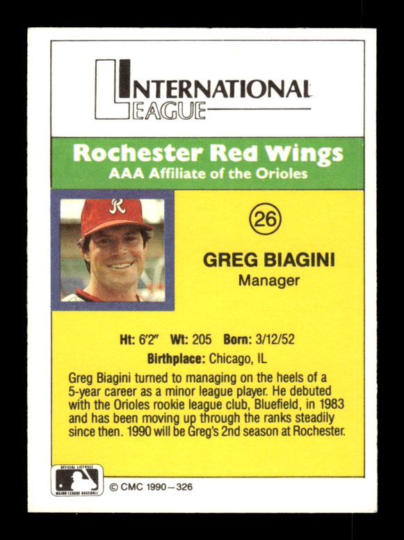 1990 CMC # 26 Greg Biagini Card (ML) Rochester Red Wings Baltimore ...