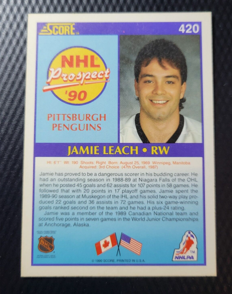 1990-91 Score American NHL Prospect JAMIE LEACH Pittsburgh Penguins ...