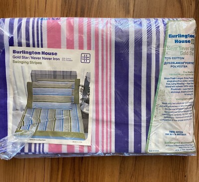 Burlington house vintage twin fitted pink purple stripe sheet new old ...